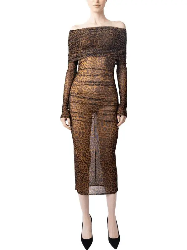 Lapointe Printed Mesh Off-shoulder Midi Dress - Leopard