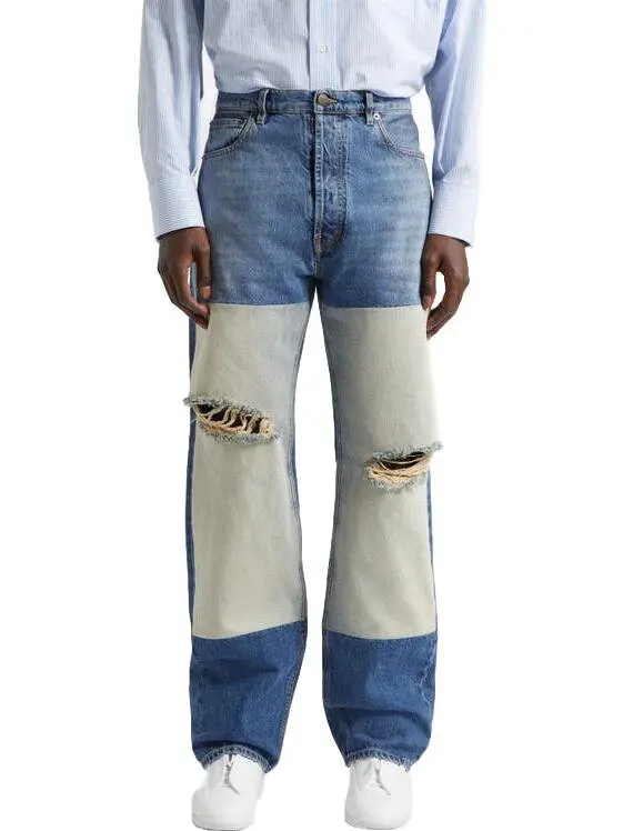 MAISON MARGIELA Ripped Paneled Straight Leg Jeans - Medium Blue