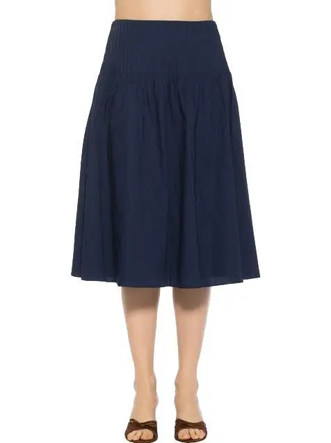 ALEXIA ADMOR Esme Pintuck Waist Full Poplin Midi Skirt - Navy