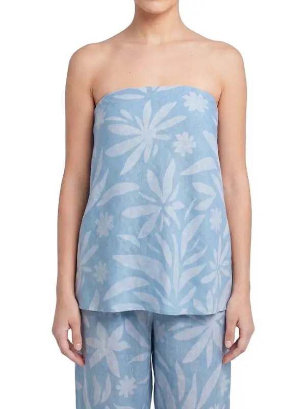 NUAJE NUAJE Rhea Strapless Printed Linen Top - Blue