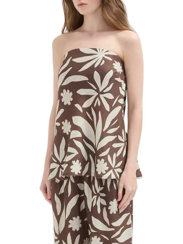 NUAJE NUAJE Rhea Strapless Printed Linen Top - Brown