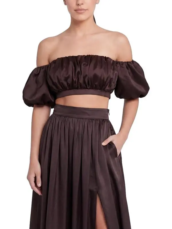 NUAJE NUAJE Isabelle Off-shoulder Puff Sleeve Crop Top - Brown