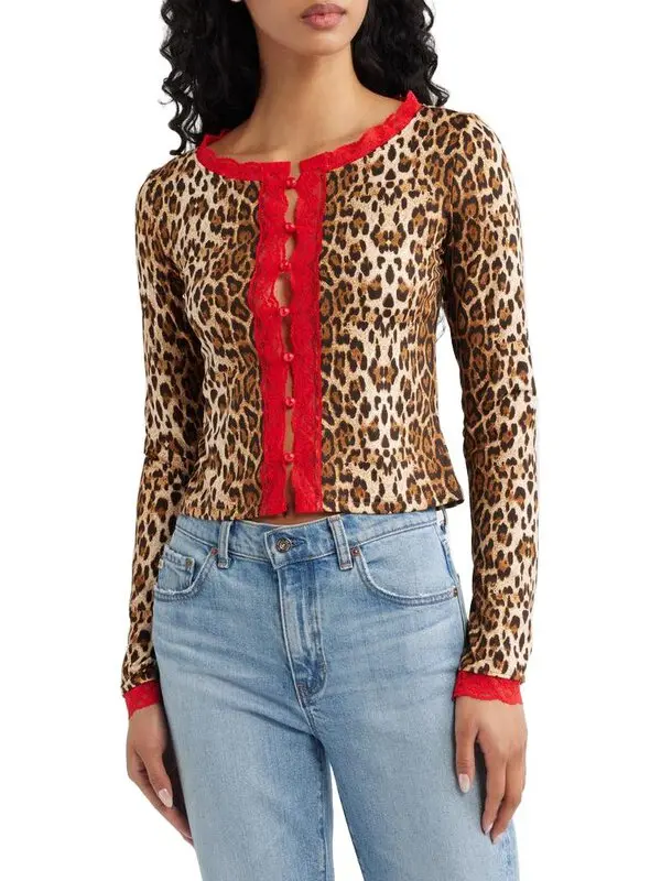 Princess Polly Print Lace Trim Button-up Top - Leopard