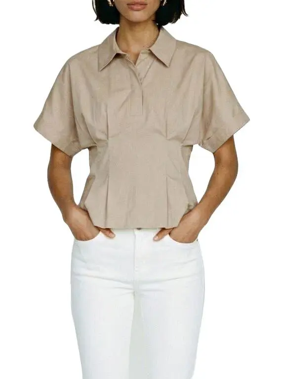Vero Moda Pleated Button Half Placket Peplum Hem Shirt - Cement