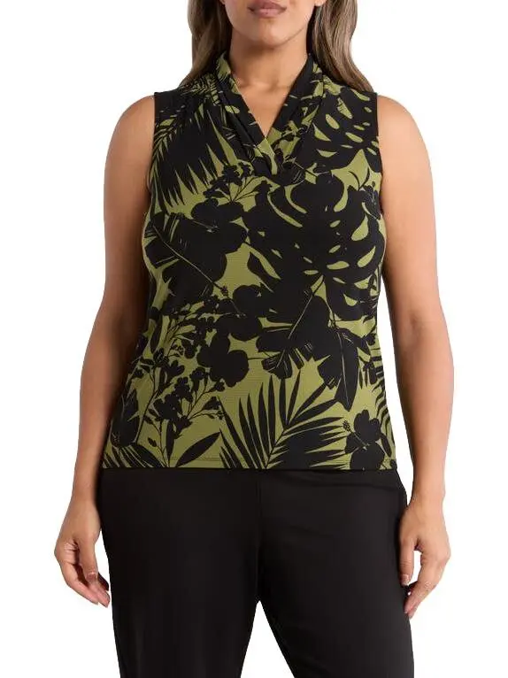 Anne Klein Sleeveless Floral Print Top With Shawl Collar - Bay Leaf Multi