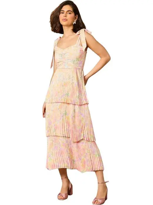 OASIS Pleated Tie Shoulder Midi Dress - Multi