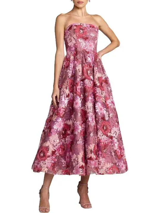 Mac Duggal Strapless Sequin Floral Midi Dress With Pockets - Pink Multi