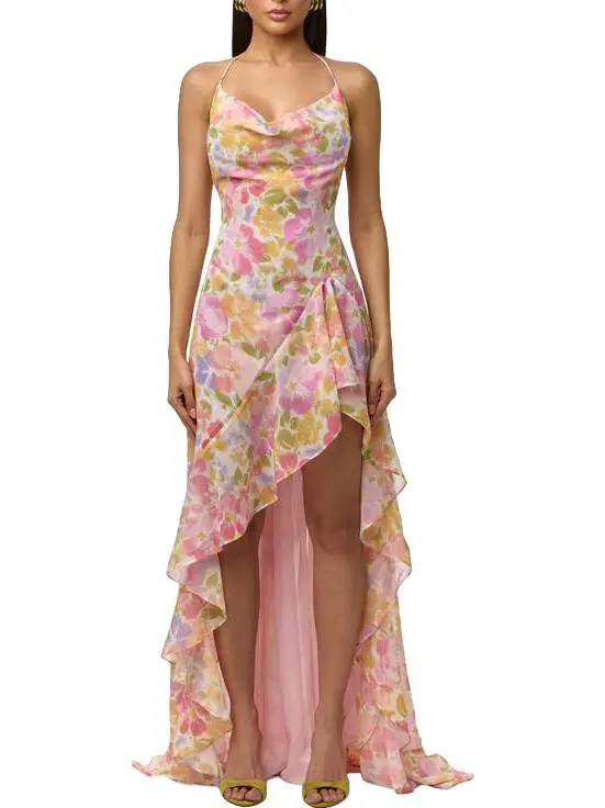 Naked Wardrobe Floral Chiffon Halter High-low Dress - Blush Bloom