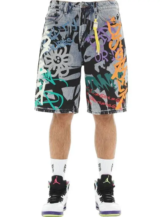 CULT OF INDIVIDUALITY Distressed Denim Shorts - Graffiti