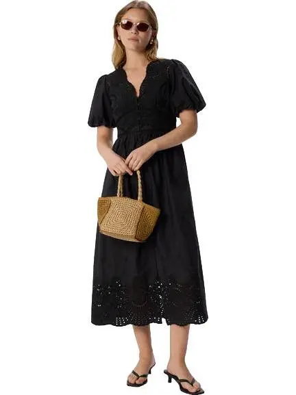 Whistles Cotton Broderie Midi Dress - Black