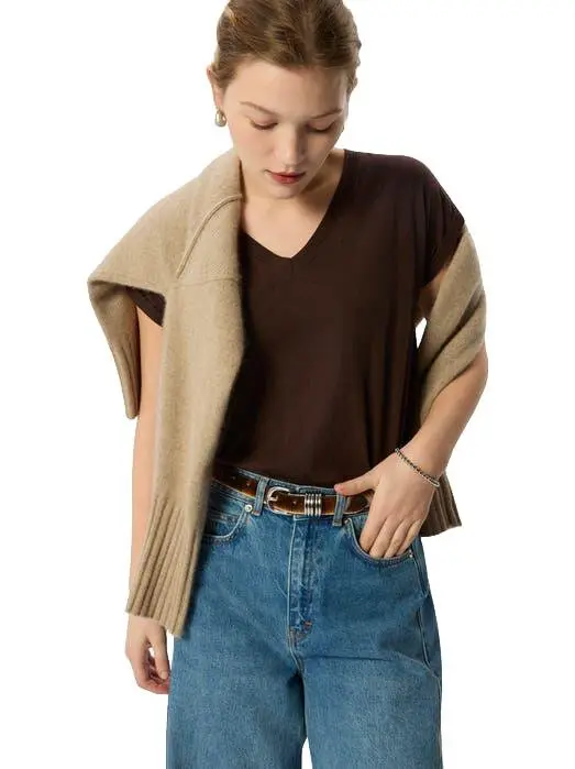Whistles Willa V-neck Cap Sleeve Top - Chocolate