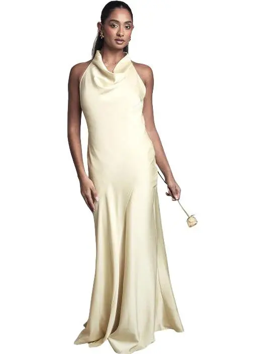 OASIS Cowl Halterneck Satin Maxi Dress - Lemon
