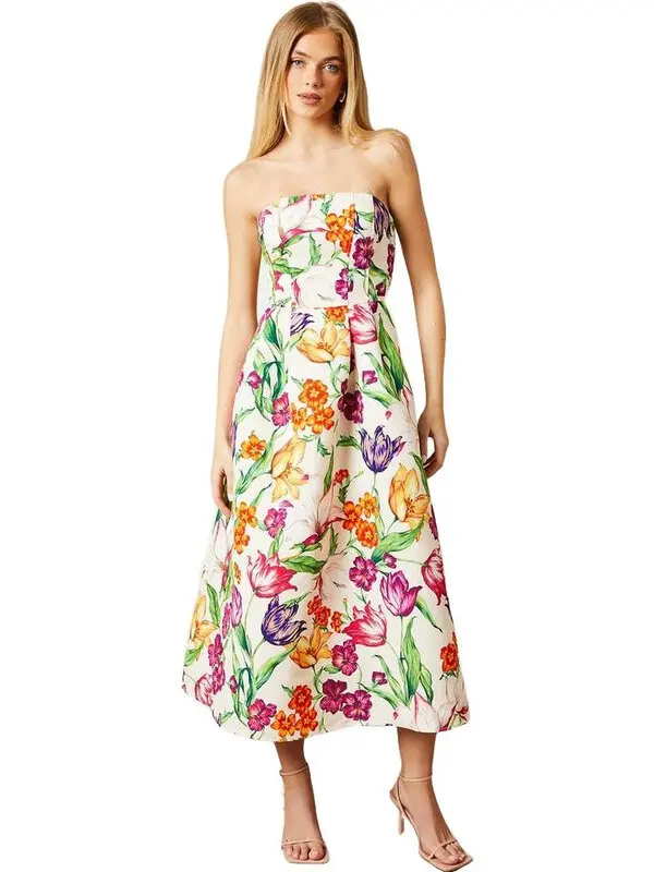 OASIS Floral Twill Strapless Midi Dress - Multi