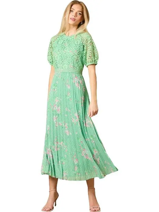 OASIS Floral Lace Bodice Pleated Midi Dress - Sage