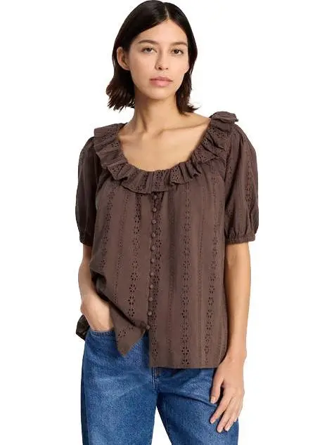 ALBARAY Textured Cotton Ruffle Neck Button-front Blouse - Brown