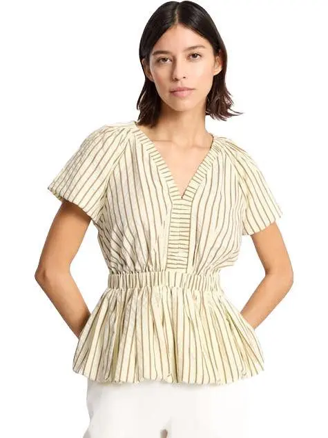 ALBARAY Striped Cotton Bubble Hem Top - Neutral