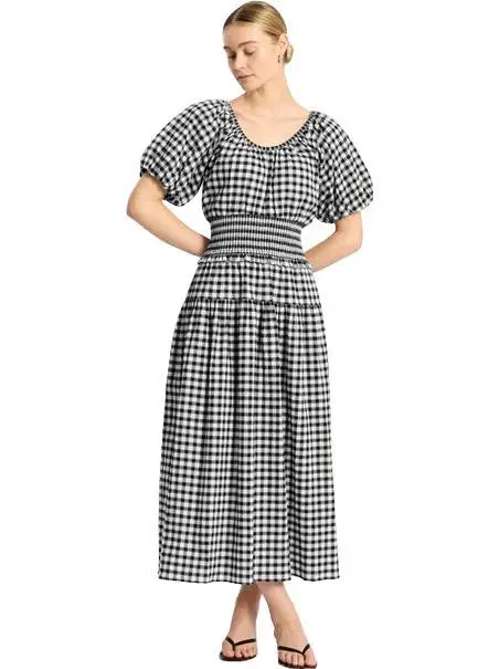 ALBARAY Gingham Blouson Sleeve Midi Dress - Black