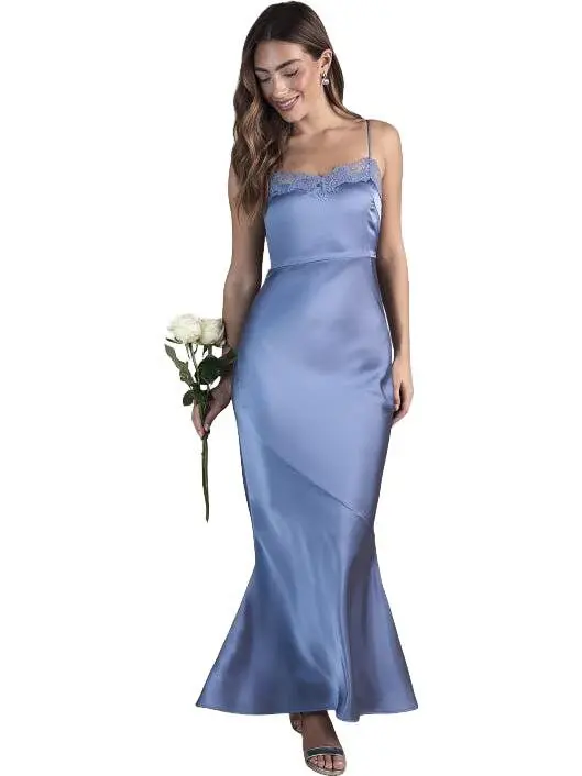 OASIS Lace Trim Strappy Satin Maxi Dress - Blue