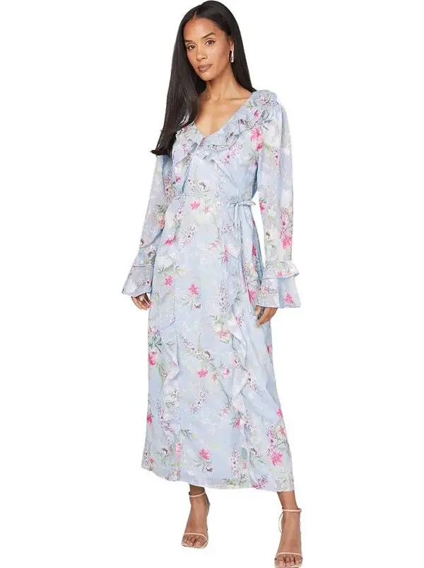 WALLIS Floral Ruffle Belted Midaxi Dress - Blue