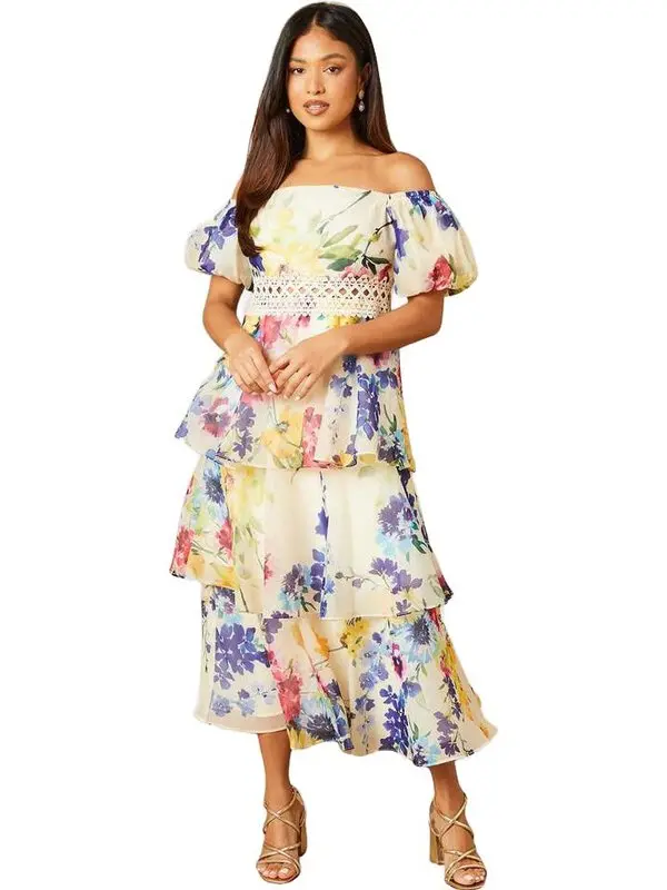 OASIS Petite Floral Bardot Midi Dress - Multi