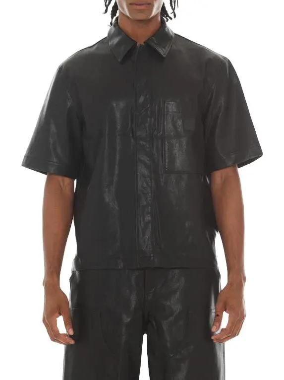 CULT OF INDIVIDUALITY Oversize Short Sleeve Faux Leather Button-up Shirt - Black