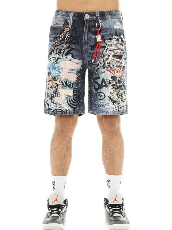 CULT OF INDIVIDUALITY Graffiti Distressed Denim Shorts - Digital