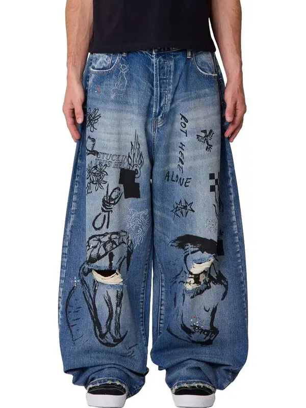 Mnml Mega Baggy Sketch Denim Jeans - Blue