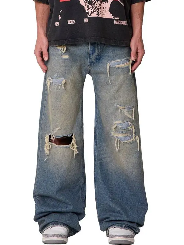 Mnml Ultra Wide Distressed Jeans - Blue