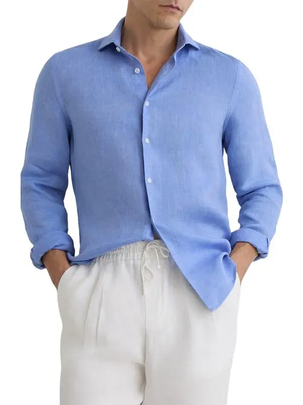 REISS Ruban Regular Fit Solid Linen Button-up Shirt - Buddy Blue