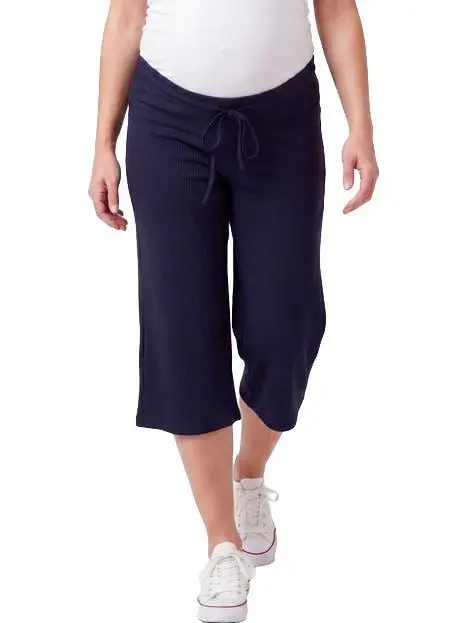24SEVEN COMFORT APPAREL Maternity Ribbed Knit Drawstring Flared Capri Pants - Navy