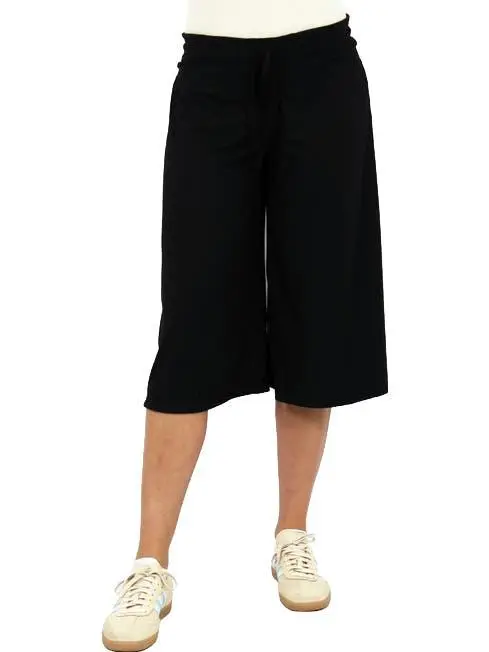 24SEVEN COMFORT APPAREL Ribbed Knit Drawstring Flared Capri Pants - Black