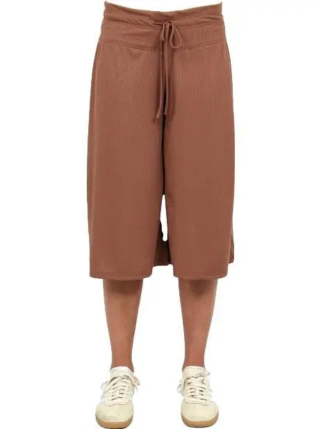 24SEVEN COMFORT APPAREL Ribbed Knit Drawstring Flared Capri Pants - Mocha