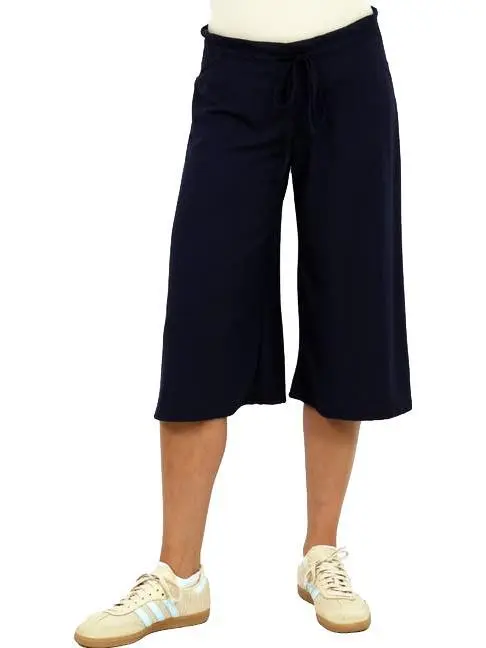 24SEVEN COMFORT APPAREL Ribbed Knit Drawstring Flared Capri Pants - Navy