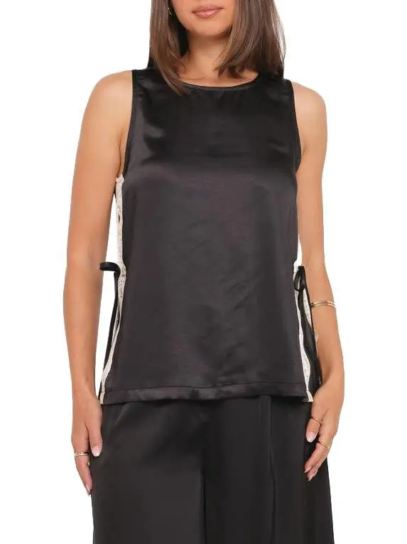 PETAL & PUP Coleman Side Slit Satin & Lace Top - Black