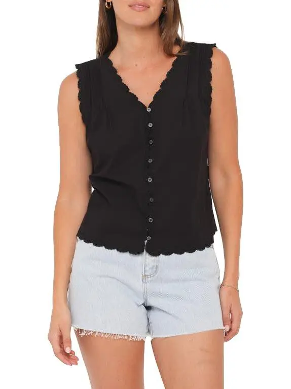PETAL & PUP Sleeveless V-neck Button-up Cotton Shirt With Lace Trim - Black