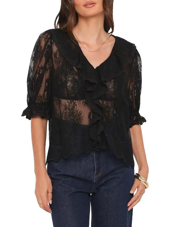 PETAL & PUP Lace Ruffle V-neck Top - Black
