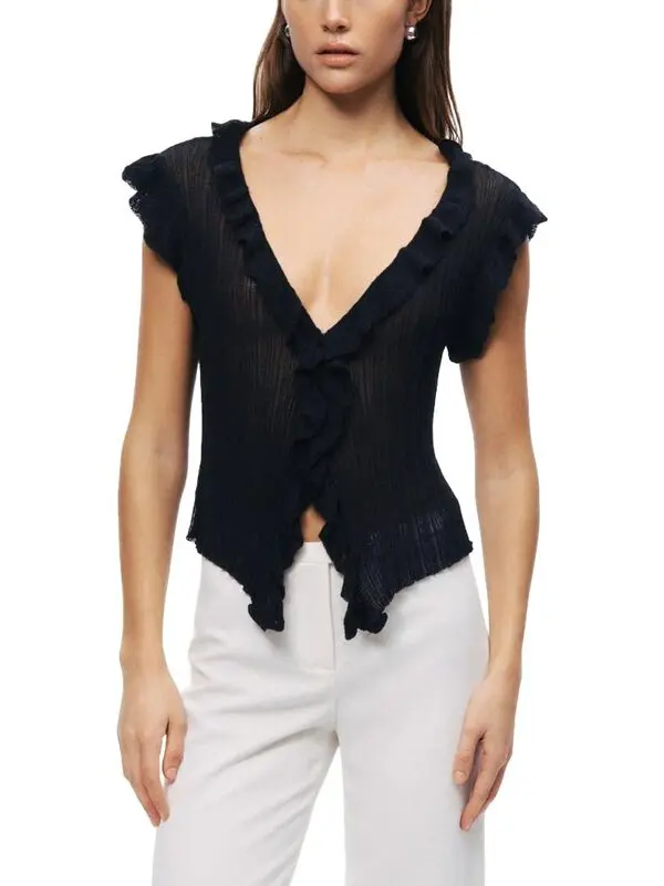 NOCTURNE Ruffled V-neck Sheer Blouse - Black
