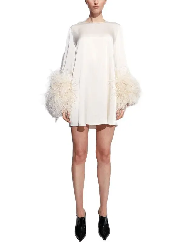 Lapointe Feather Trimmed Satin Mini Dress - Cream