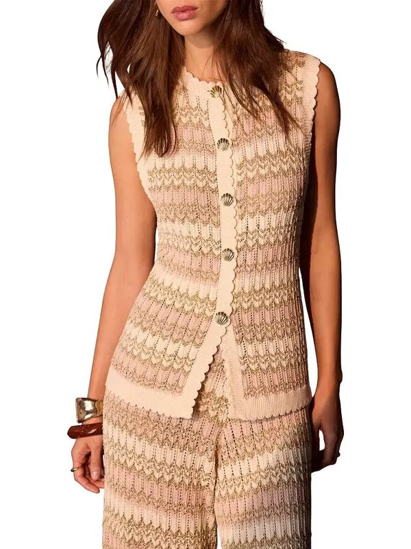 Mint Velvet Striped Knit Waistcoat With Scallop Trim And Shell Buttons - Neutral