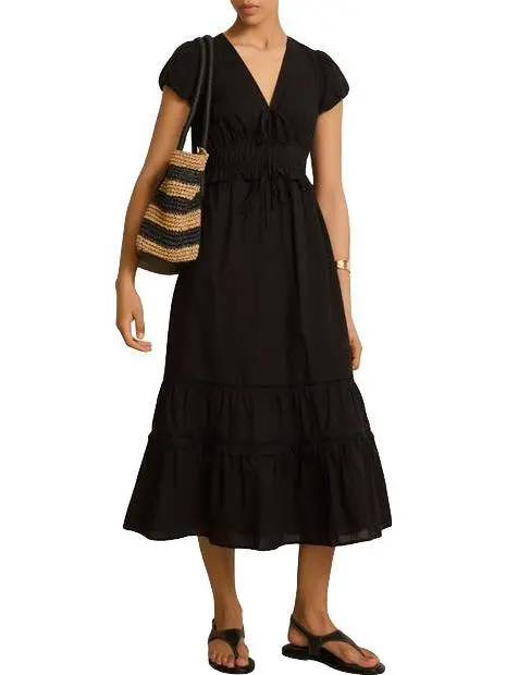 Mint Velvet Cotton Midi Dress With Puff Sleeves And Tiered Hem - Black