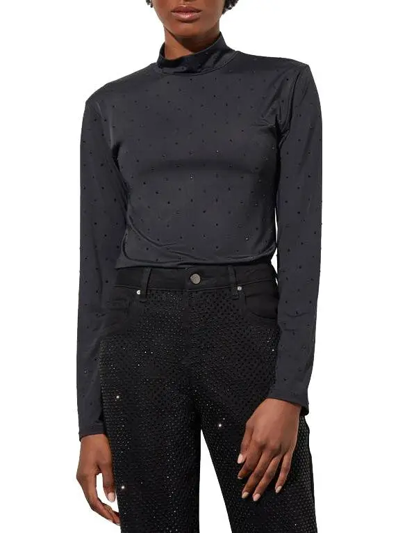 Ming Wang Crystal Embellished Mock Neck Top - Black