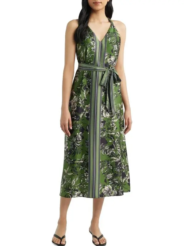 Eliza J Floral Satin Halter Neck Midi Dress - Olive