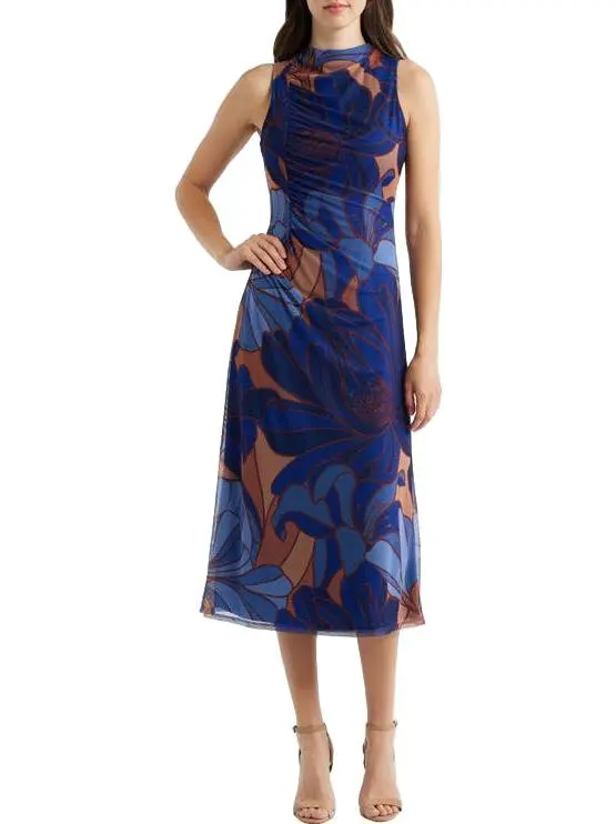 Vince Camuto Floral Print Ruched Mesh Midi Dress - Blue Multi