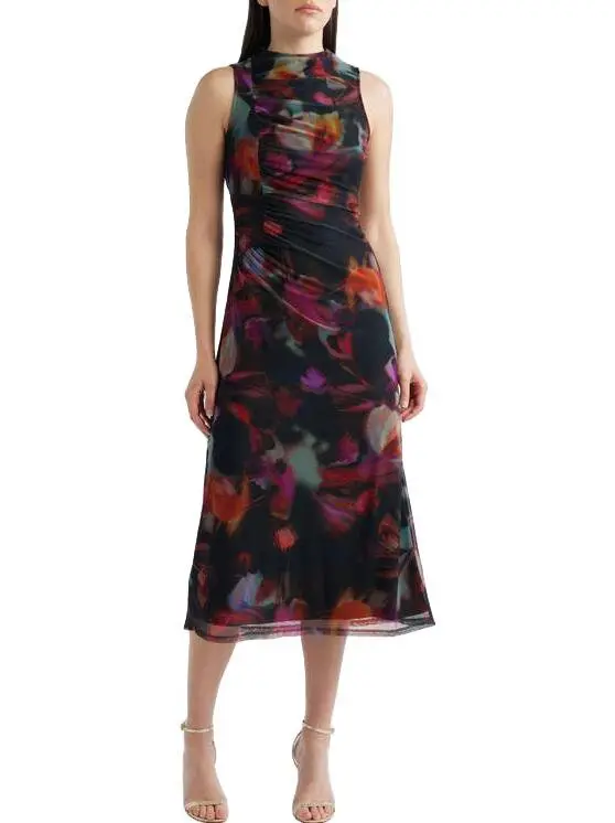 Vince Camuto Sleeveless Mock Neck Ruched Floral Print Dress - Black Multi