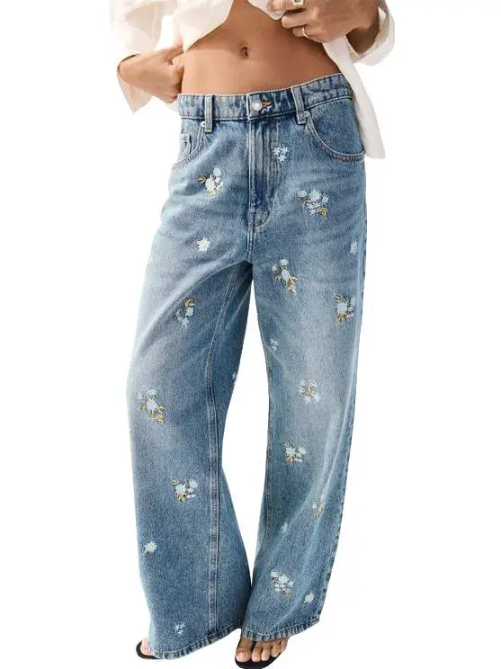 Mango Floral Embroidered Straight Leg Jeans - Medium Blue