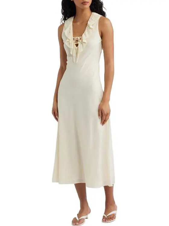 Mango Ruffled Lace Trim V-neck Midi Dress - Vanilla