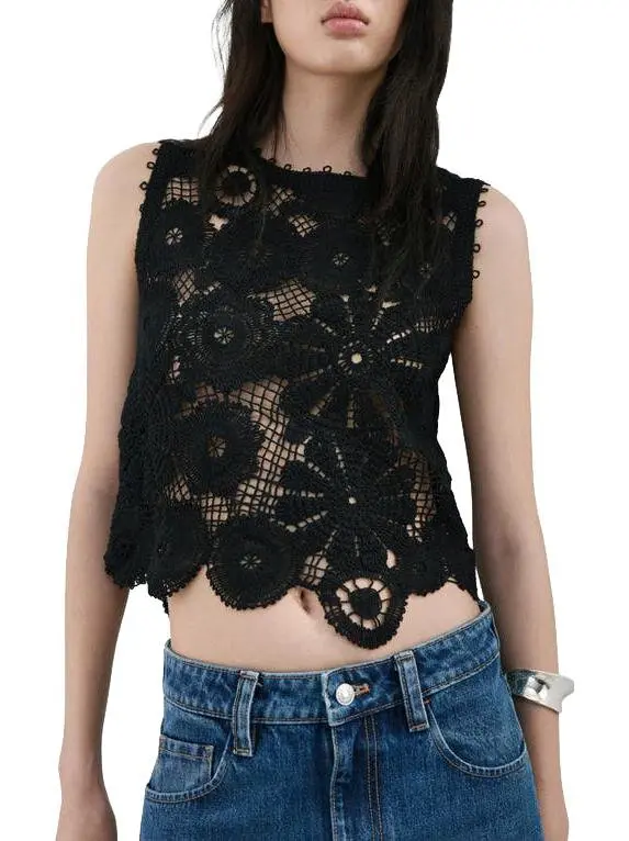 Mango Crochet Tank Top With Keyhole Back - Black
