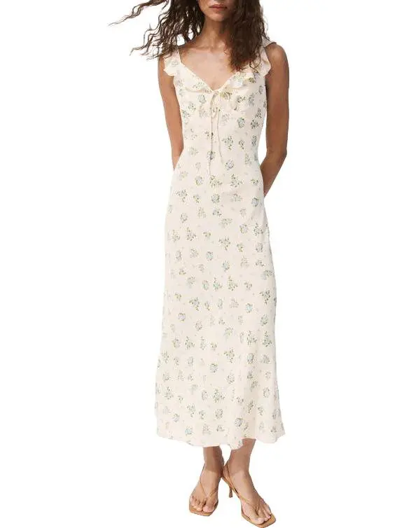 Mango Floral Ruffle V-neck Midi Dress - Ecru
