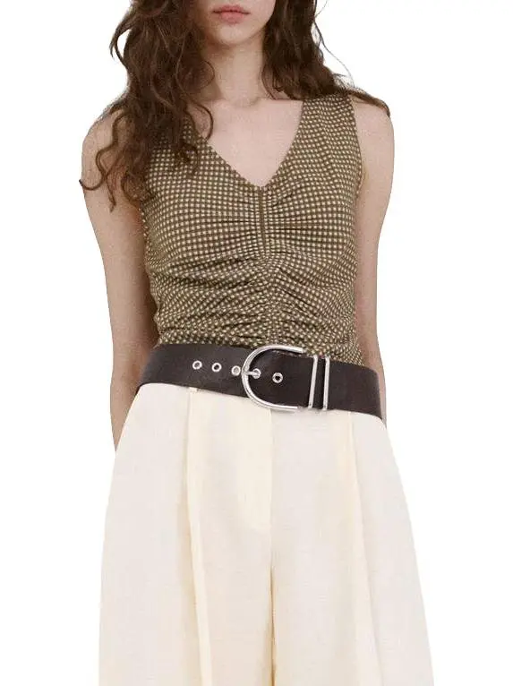 Mango Micro Check Ruched V-neck Sleeveless Top - Khaki