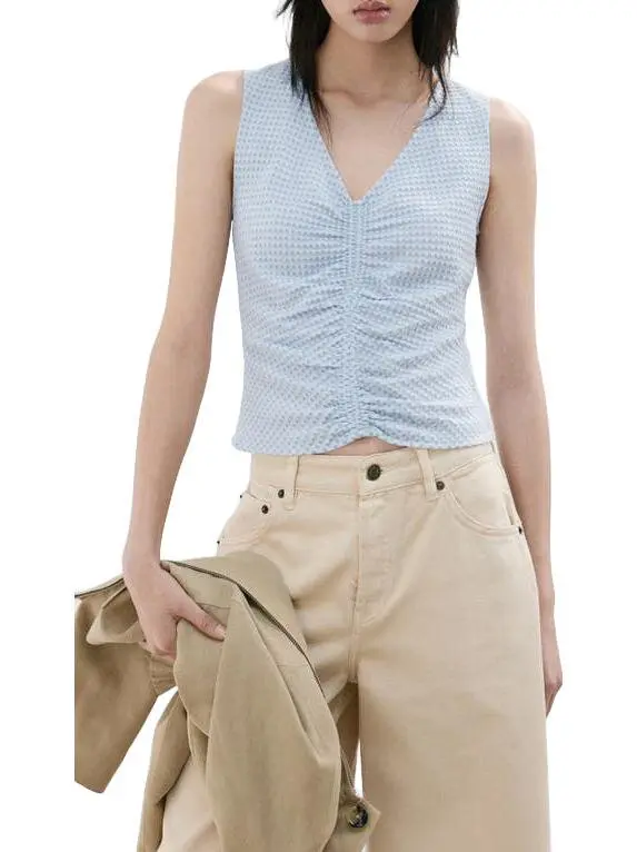 Mango Micro Check Ruched V-neck Sleeveless Top - Sky Blue